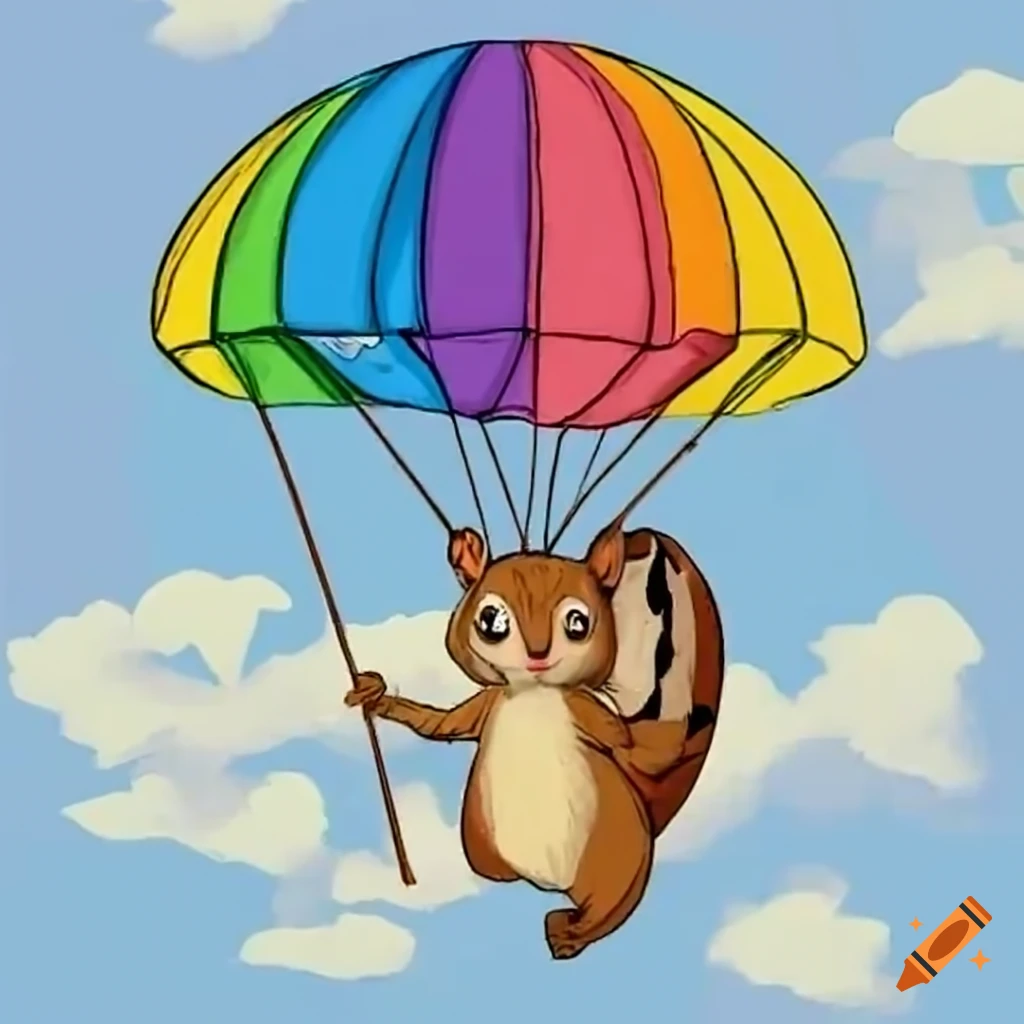 Agile squirrel leaping from a tree with a colorful parachute in a ...