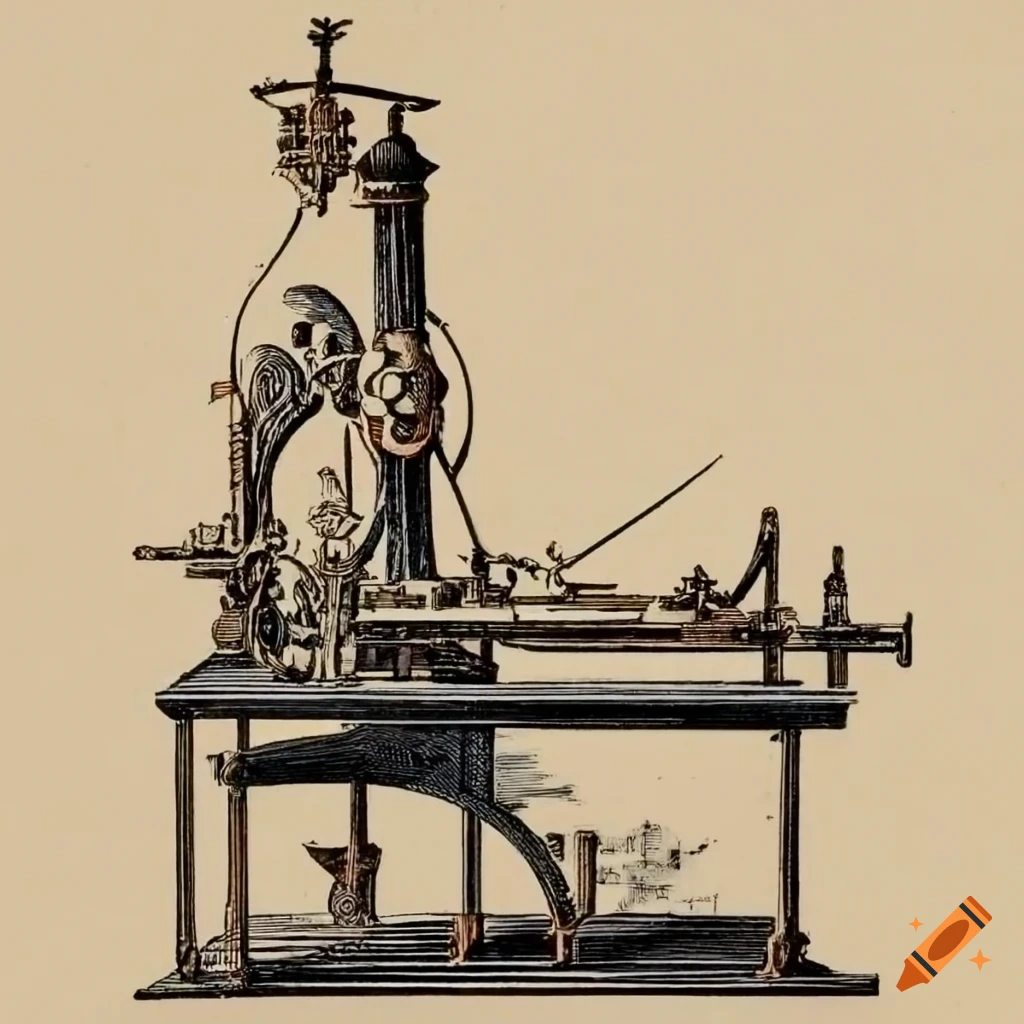 19th century woodcut of a complicated machine on Craiyon
