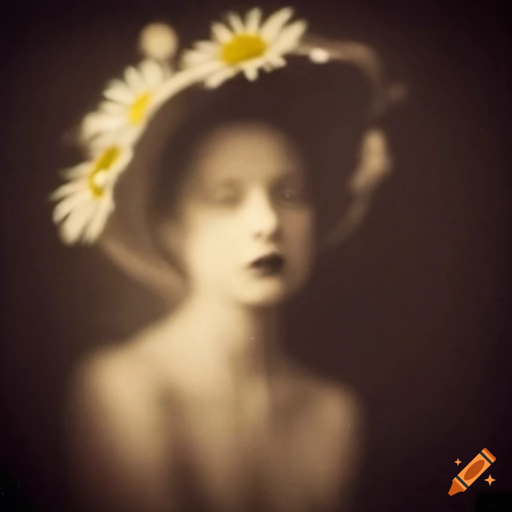Beautiful woman with a daisy flower hat in vintage photography style on ...
