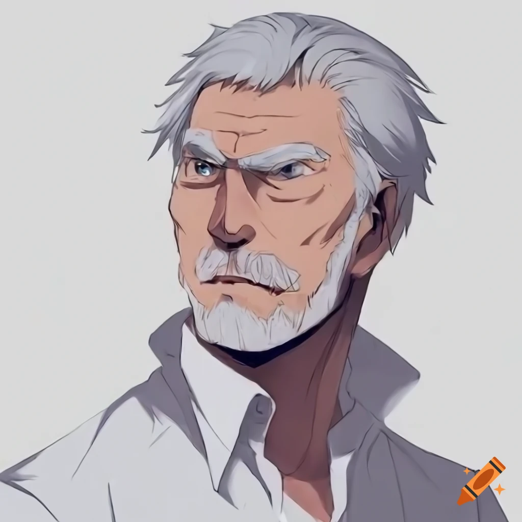 Anime character: older man with grey hair in white polo shirt on Craiyon