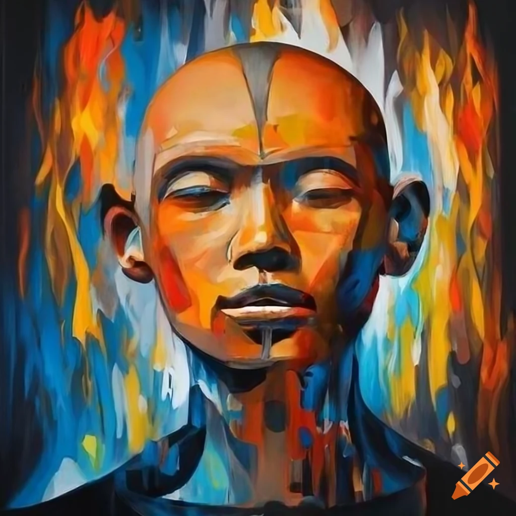Abstract painting of geometric monk face with fire and water elements ...