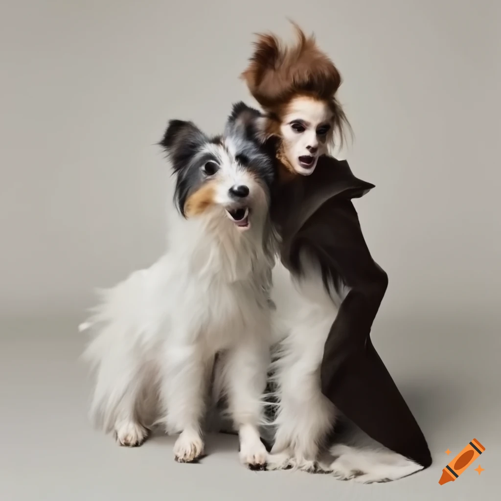 Two dogs, a westie and a sheltie, hugging each other on Craiyon