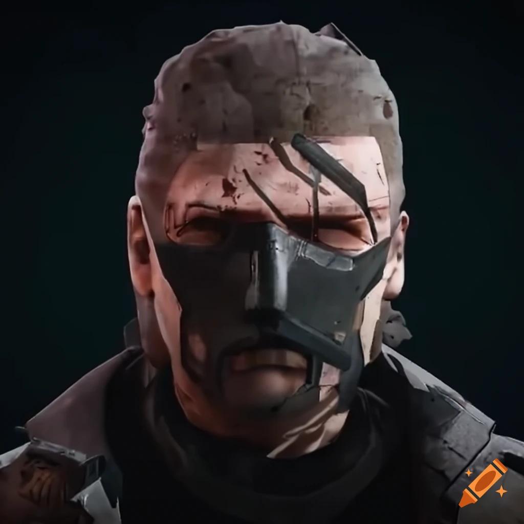 Rust game player in metal gear with damaged face mask on Craiyon
