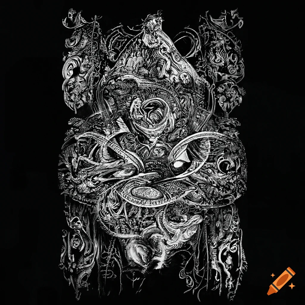 Surreal occult poster with intricate intertwined symbols and designs on ...