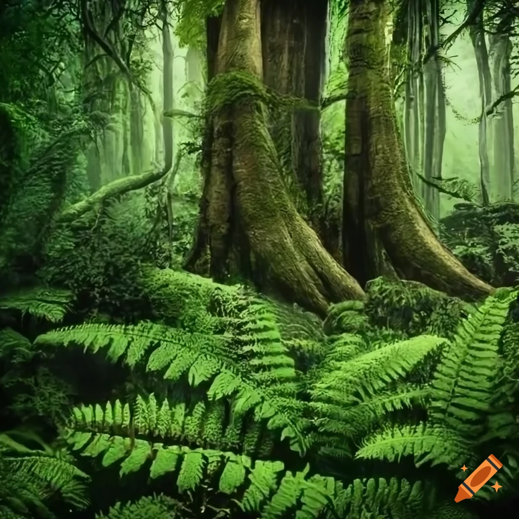 Hyper-realistic Jurassic jungle with towering trees and ferns on Craiyon