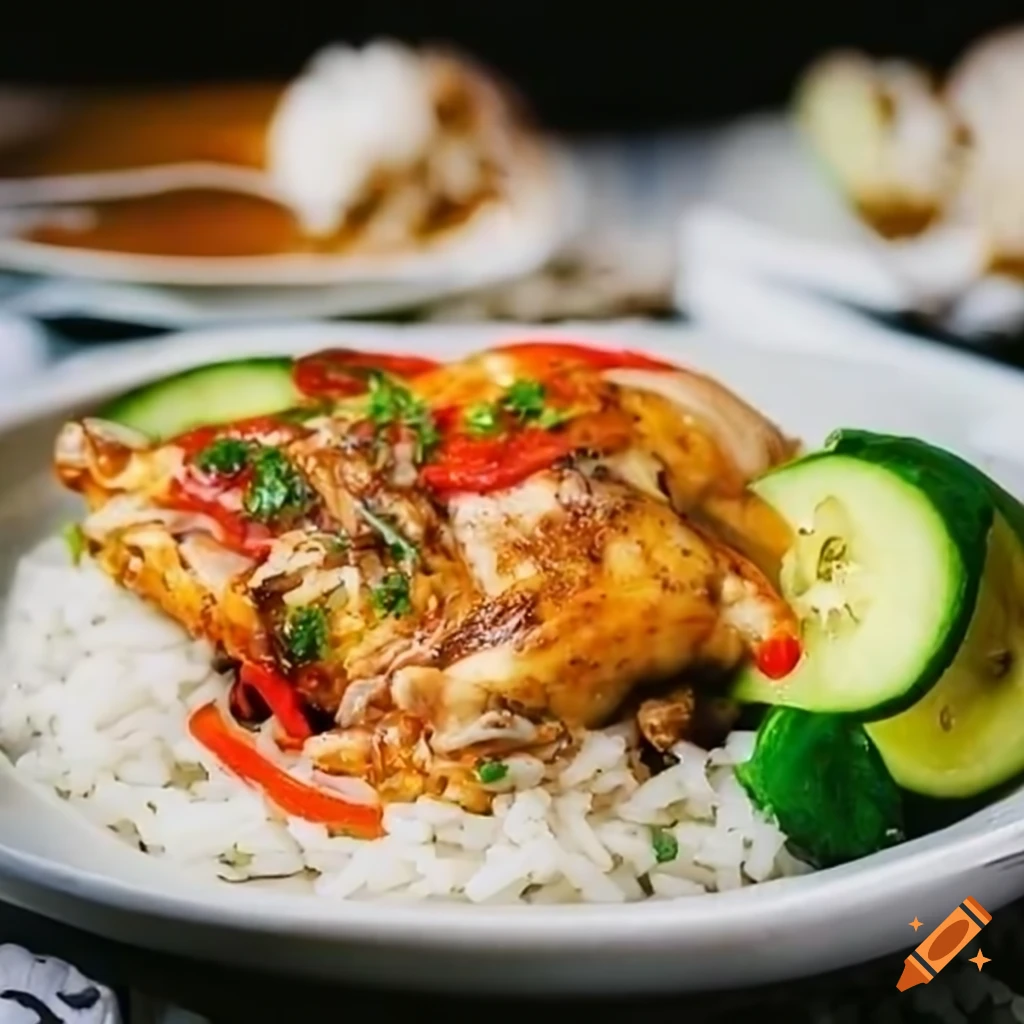 Chicken with rice, pepper, and cucumber dish on Craiyon