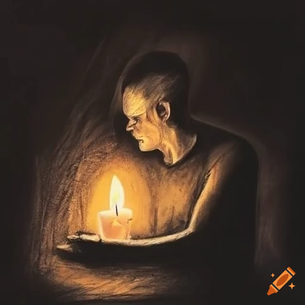 Man lighting a candle from a stove fire in charcoal art on Craiyon