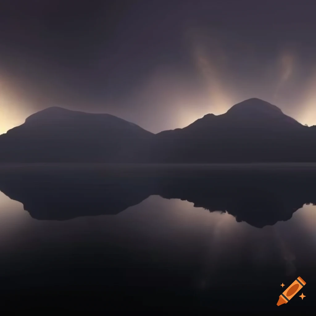 Fantasy mountain lake with god rays creating awe on Craiyon