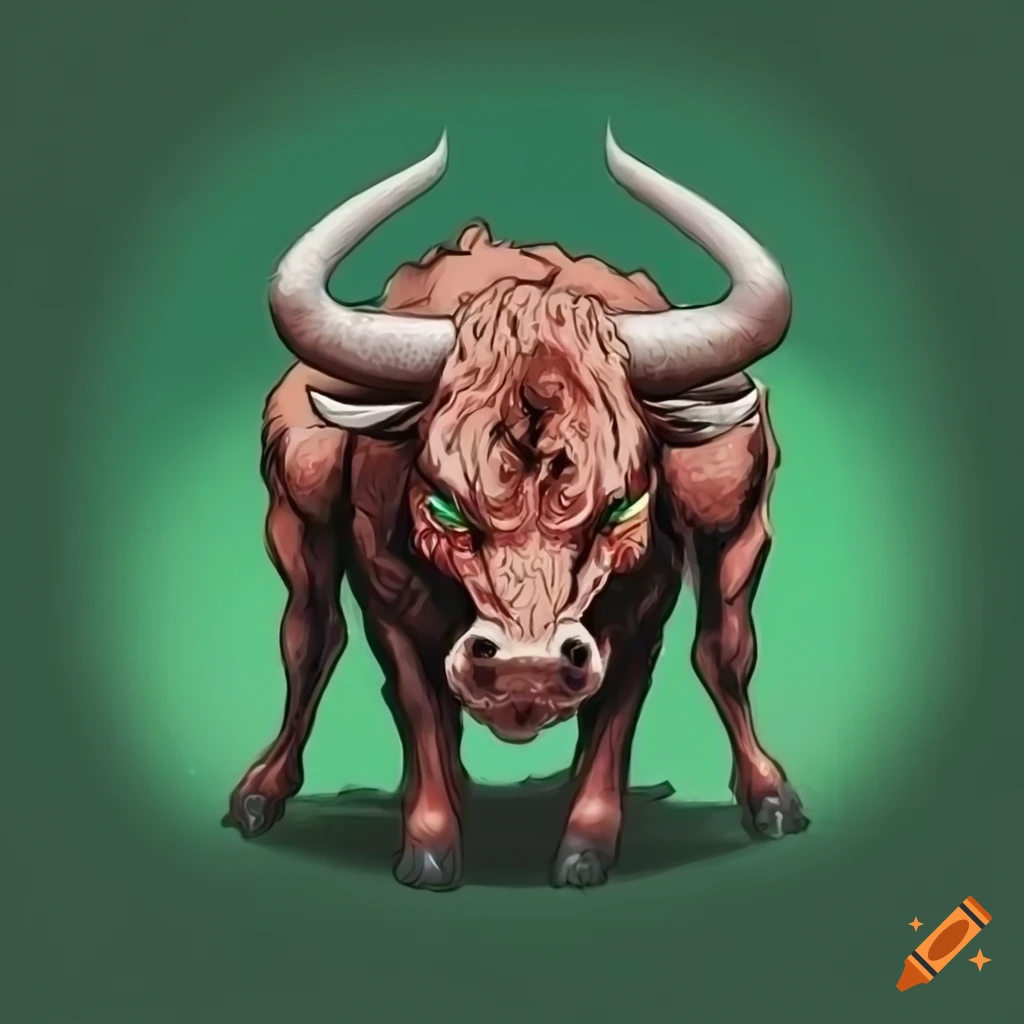 Powerful bull with fiery eyes and curved horns in a picturesque ...
