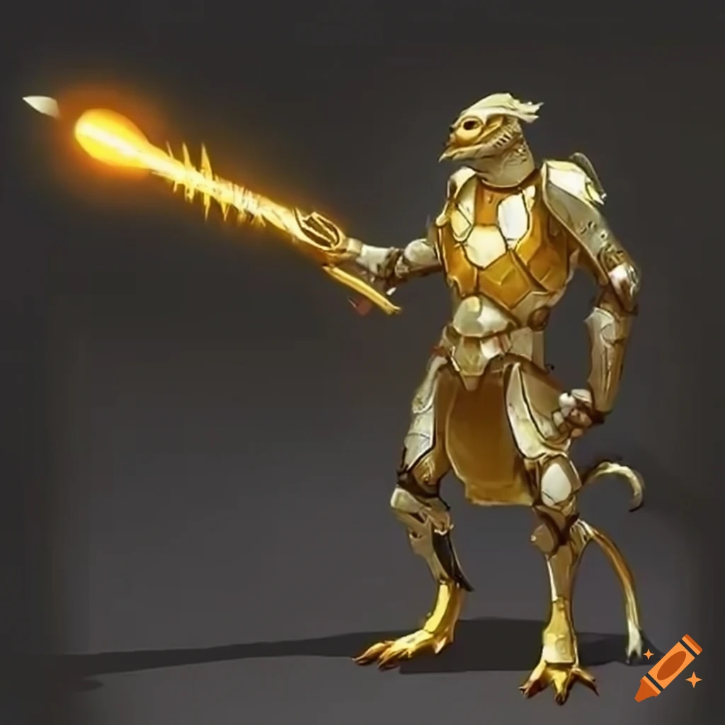 Noble lizard man in futuristic armor with a golden laser polearm on Craiyon