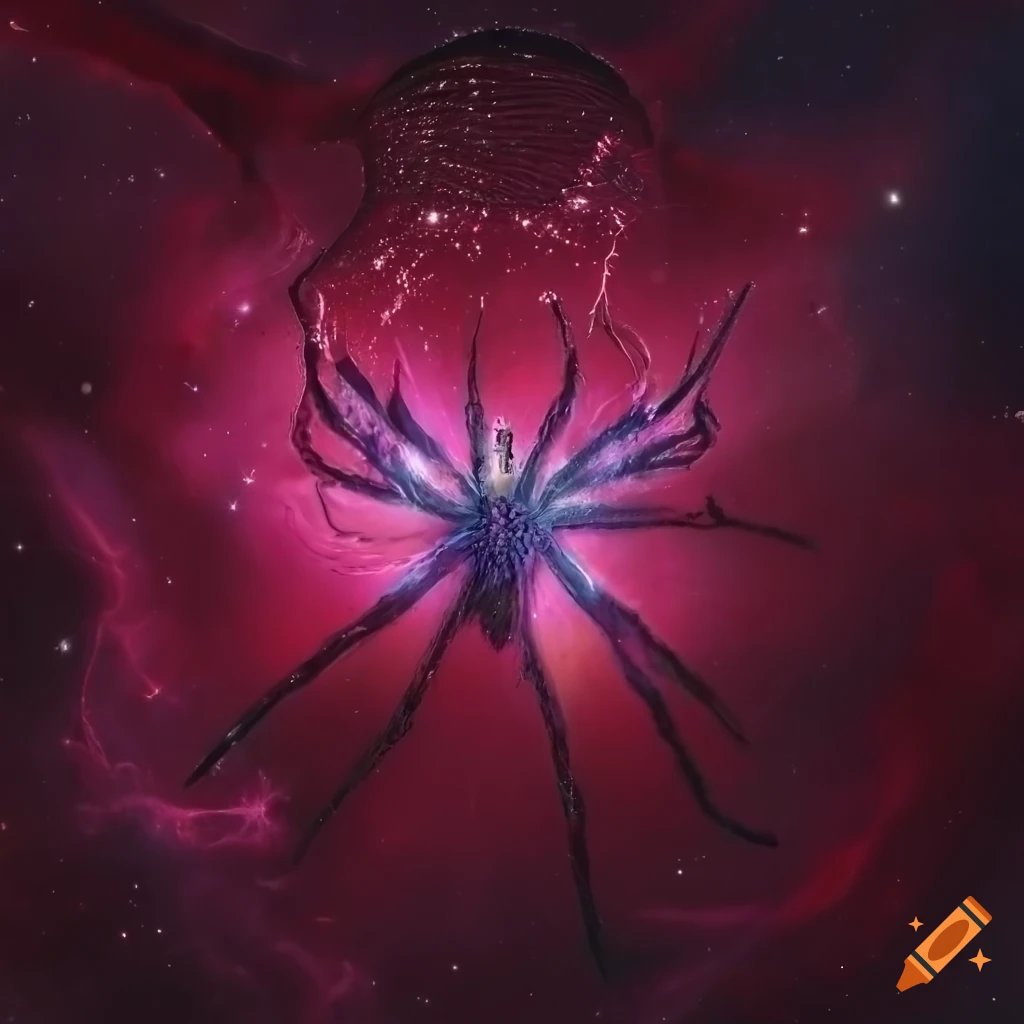 Surreal cosmic spider with intricatly detailed crimson web against a ...