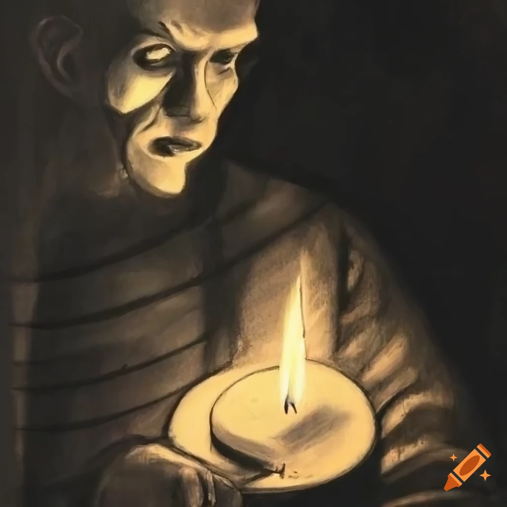Man lighting a candle from the stove fire in charcoal drawing on Craiyon