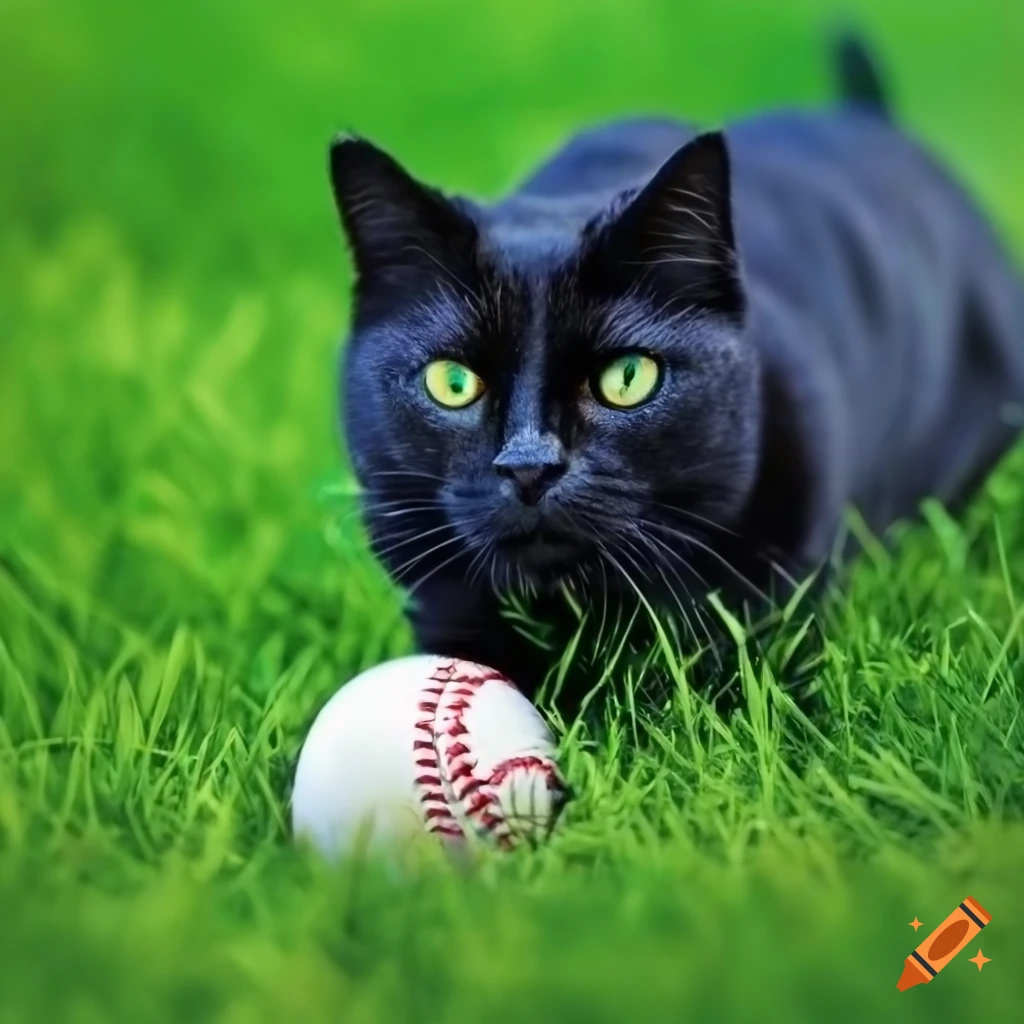 Baseball and black cats with baseball gloves on grass background on Craiyon