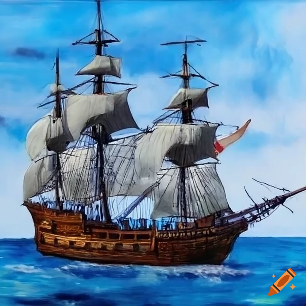 Medieval galleon sailing ship in the distance in a realistic painting on Craiyon