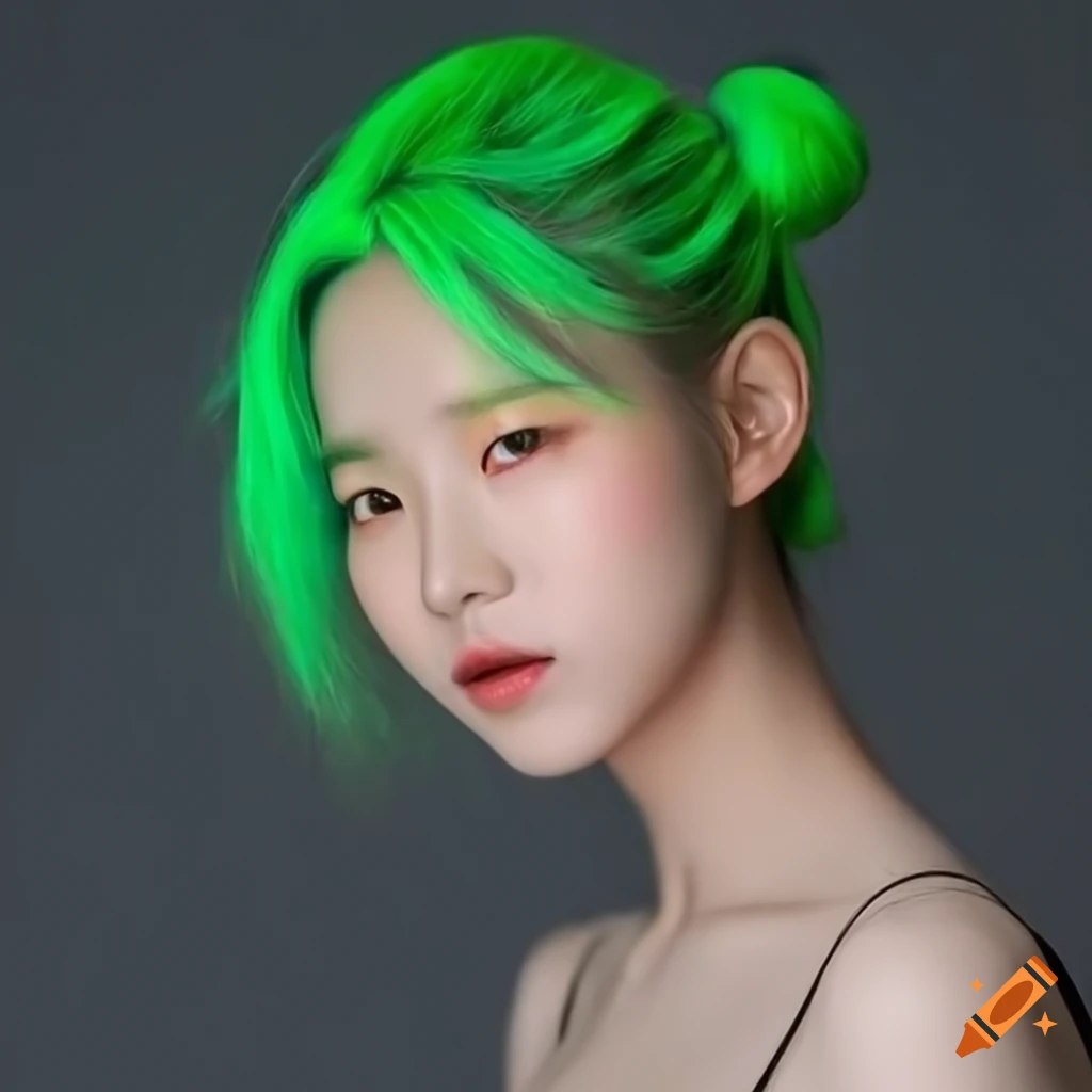 Korean girl with neon green hair in a bun on Craiyon