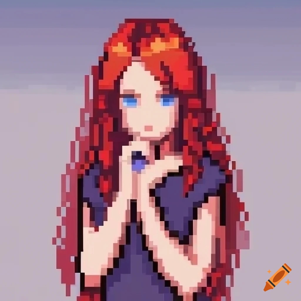 Young woman with red hair and blue eyes in modern anime pixel art on ...