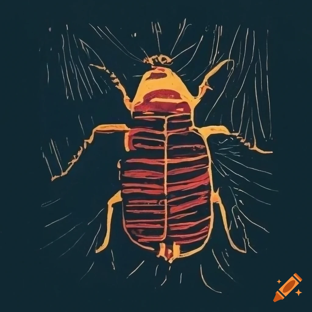 Underside view of an insect beetle in a linocut style on Craiyon