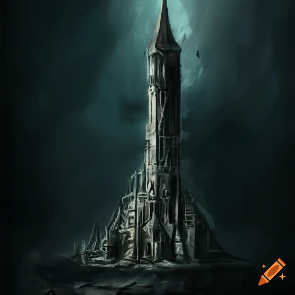 Tall, dark, sinister tower drawing with pencil on Craiyon