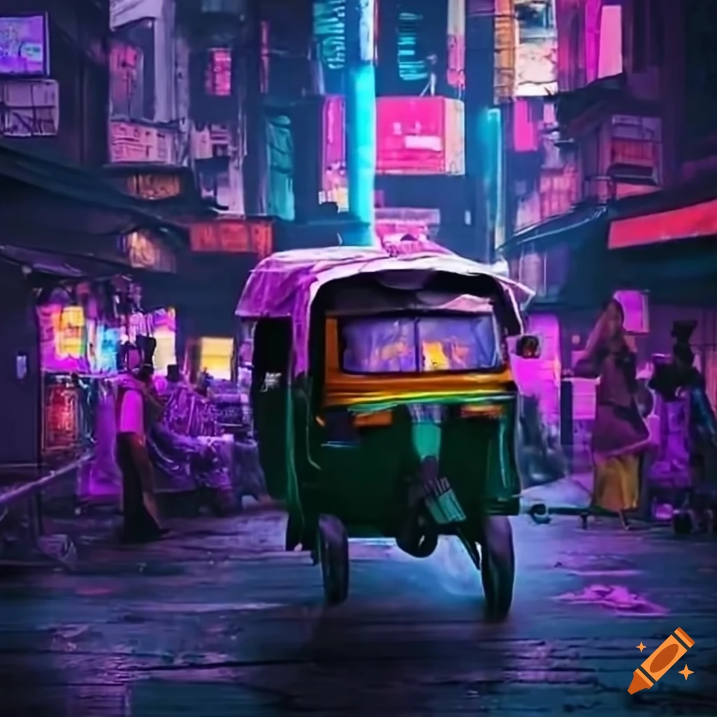 Flying auto rickshaw in a cyberpunk india setting on Craiyon