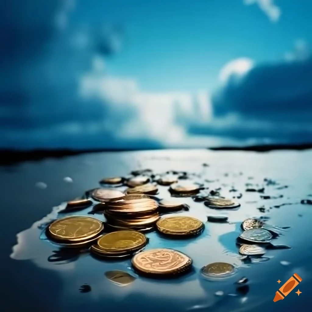 Puddle with coins under cloudy sky on Craiyon