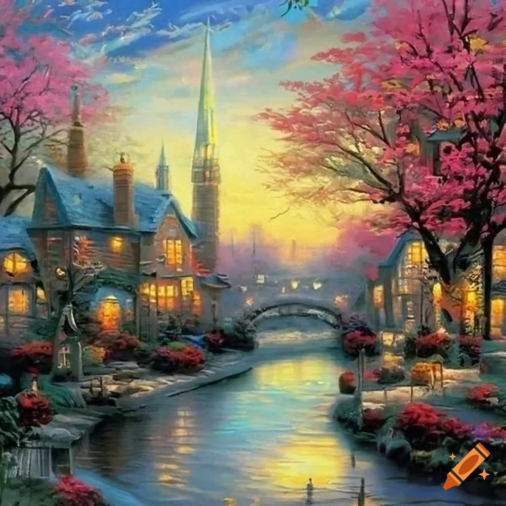 Thomas kinkade cityscape painting in a spring morning on Craiyon