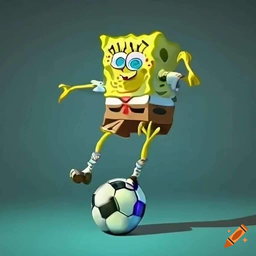 Spongebob kicking a soccer ball on Craiyon