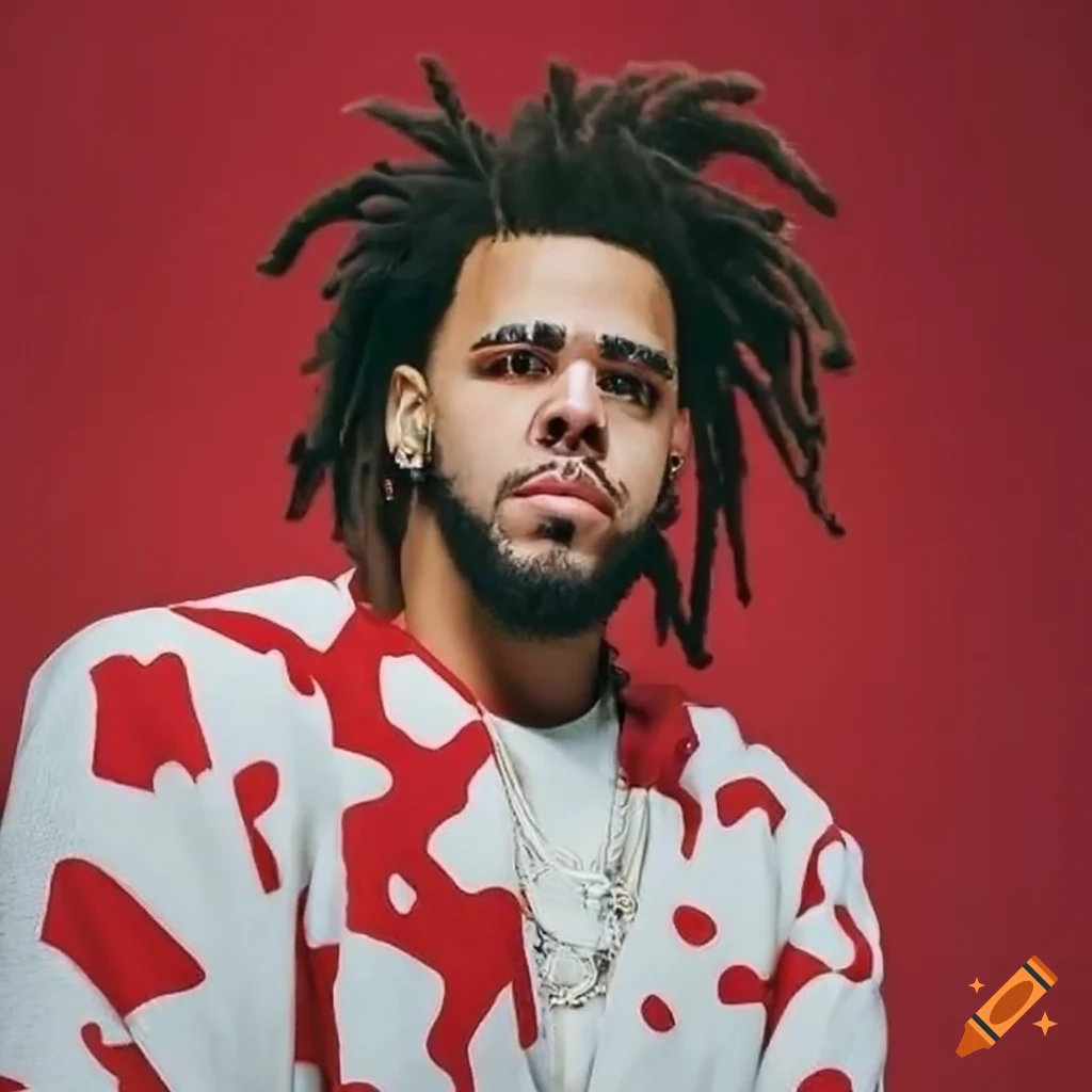 Portrait of rapper j. cole in red and white stylish outfit on Craiyon