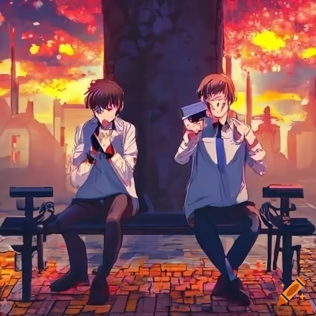 Two men sitting on benches using phones in anime style on Craiyon