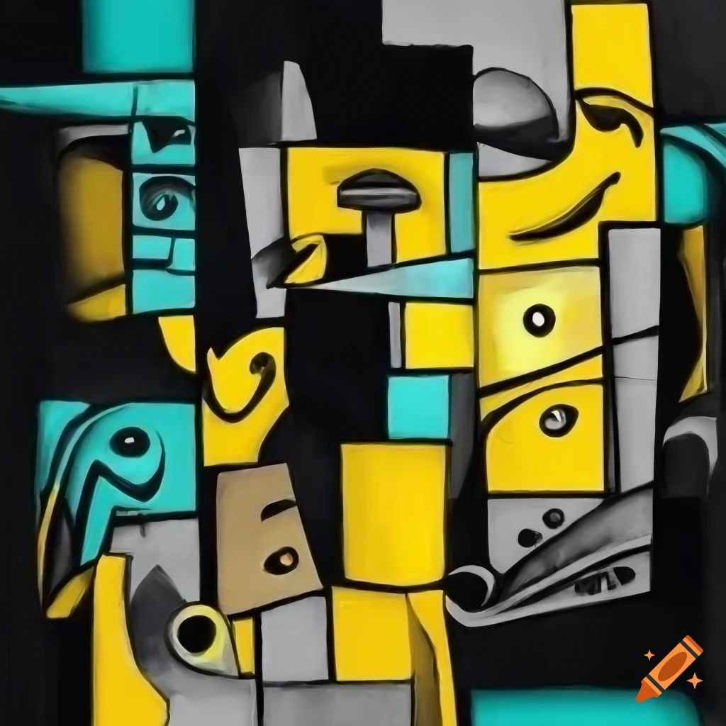 Surrealistic cubist doodles in black and white with fuchsia, yellow ...