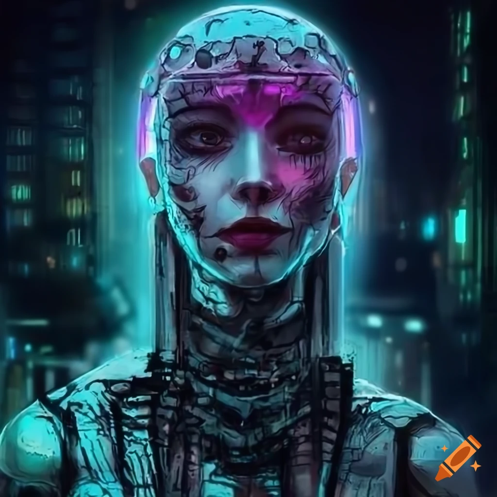 Female cyborg goddess in a dark cyberpunk cityscape blending human and ...