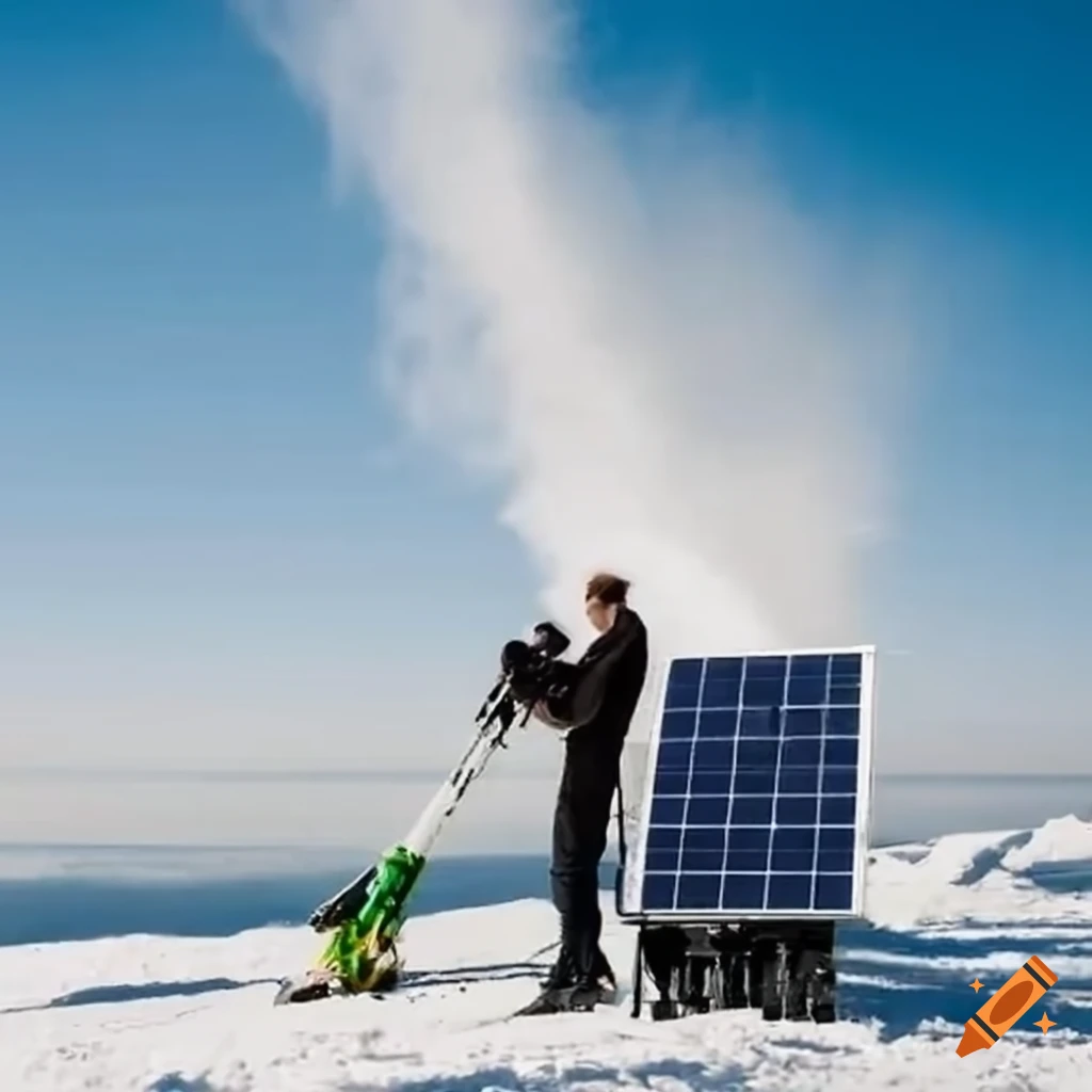 Snow gun with solar panels absorbing sunlight on Craiyon