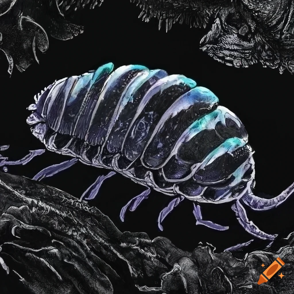 Detailed ink drawing of a black isopod with gems on Craiyon