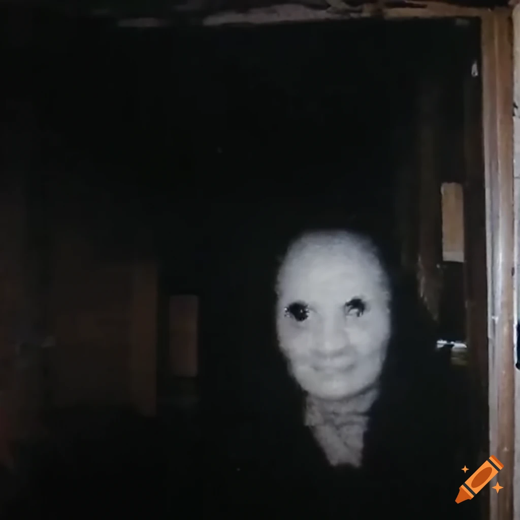 Creepy face in a dark attic full of boxes and dust, vhs on Craiyon