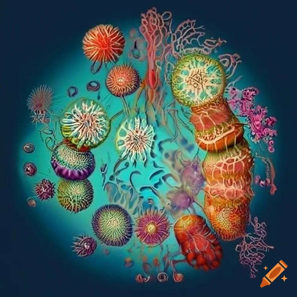 Haeckel desert of interacting cells and bacteria on Craiyon