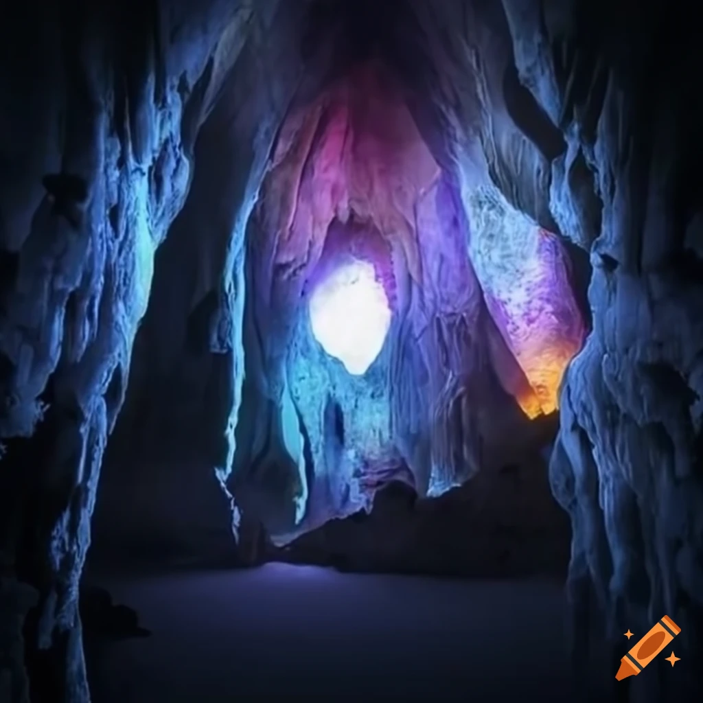 Enormous magical shining gem in a cave setting on Craiyon