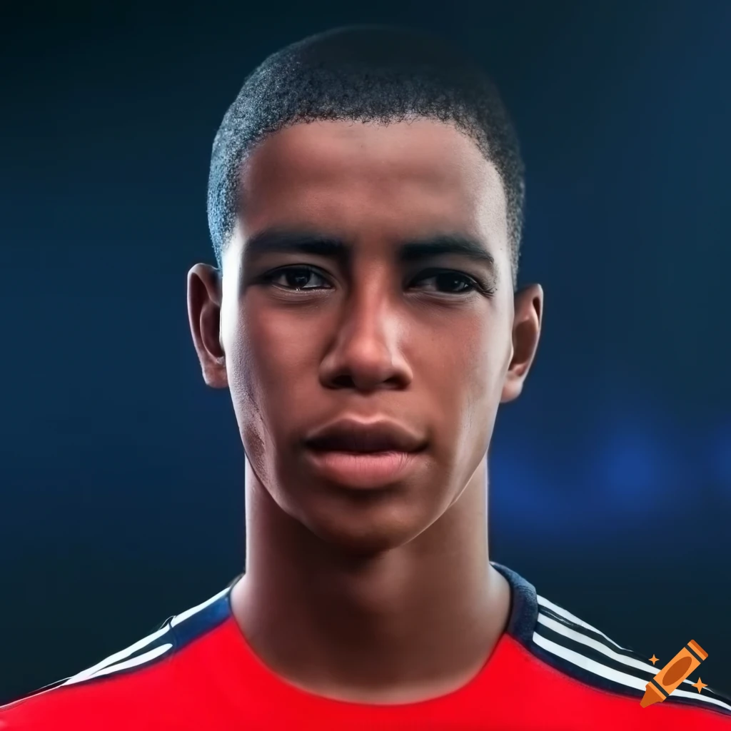 Portrait of a colombian male soccer player in black and red jersey on ...