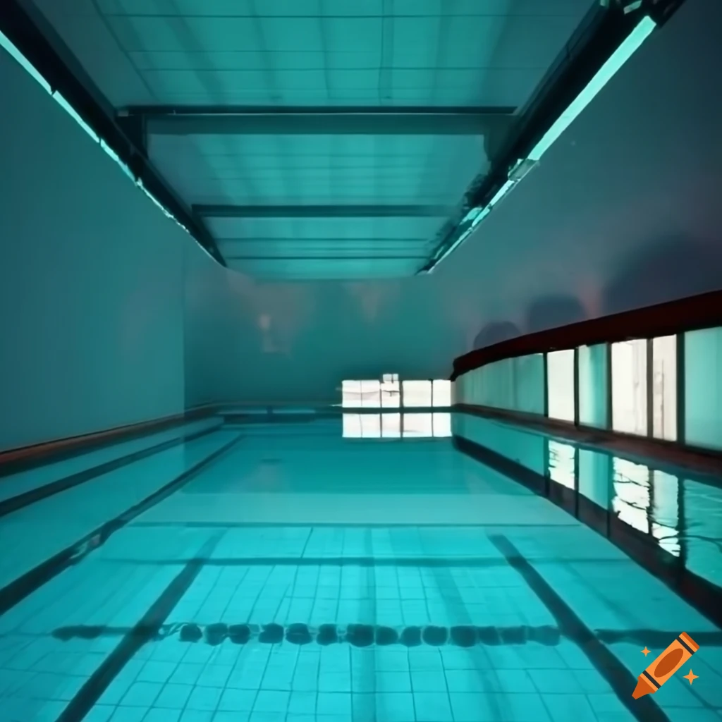 Indoor pool with liminal space in light blues and pinks on Craiyon