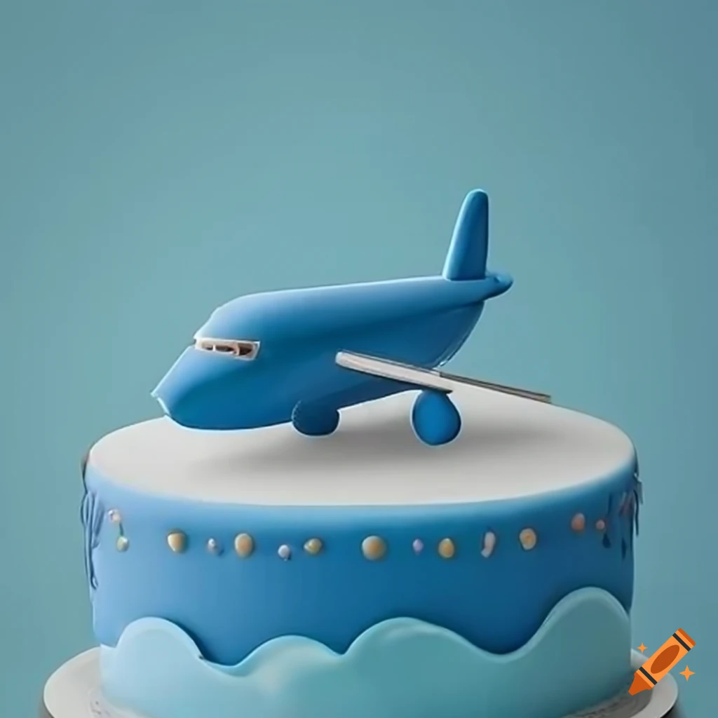 Blue birthday cake in 3d design with an airplane on Craiyon