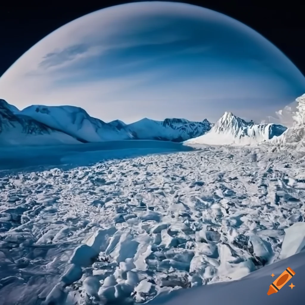 Frozen ice planet landscape with snowy mountains on Craiyon