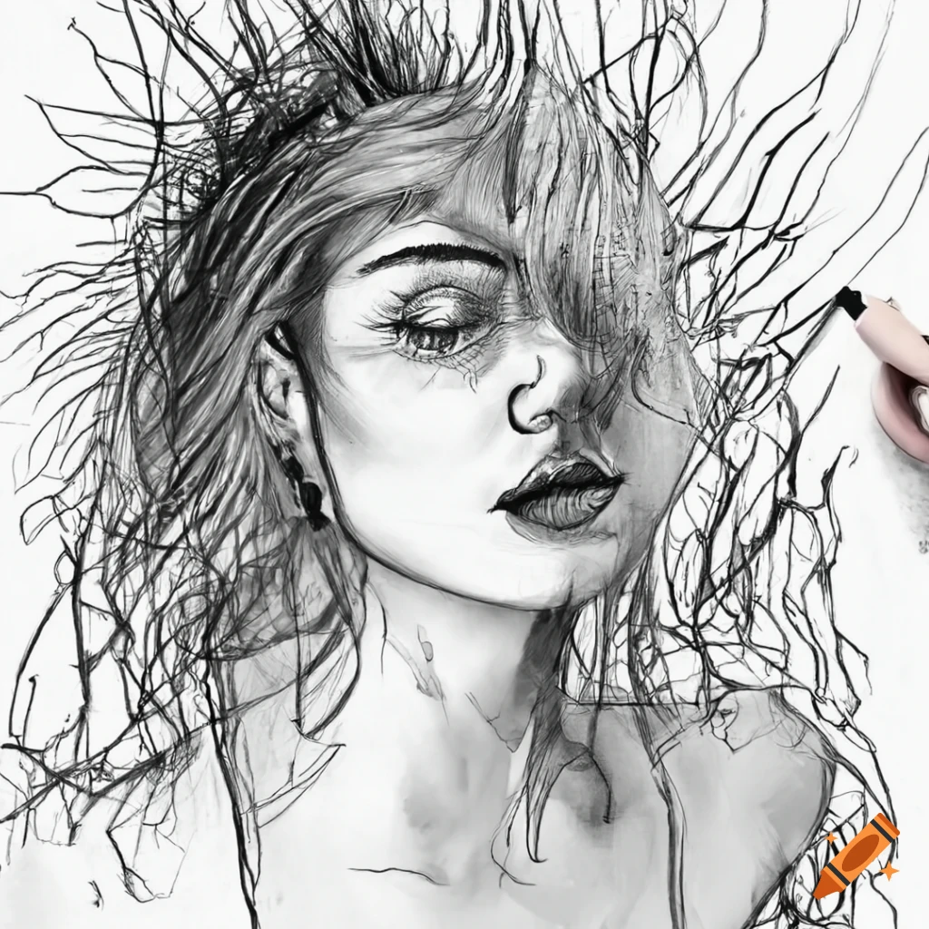 Introspective woman with creative thoughts explosion in pen and ink ...