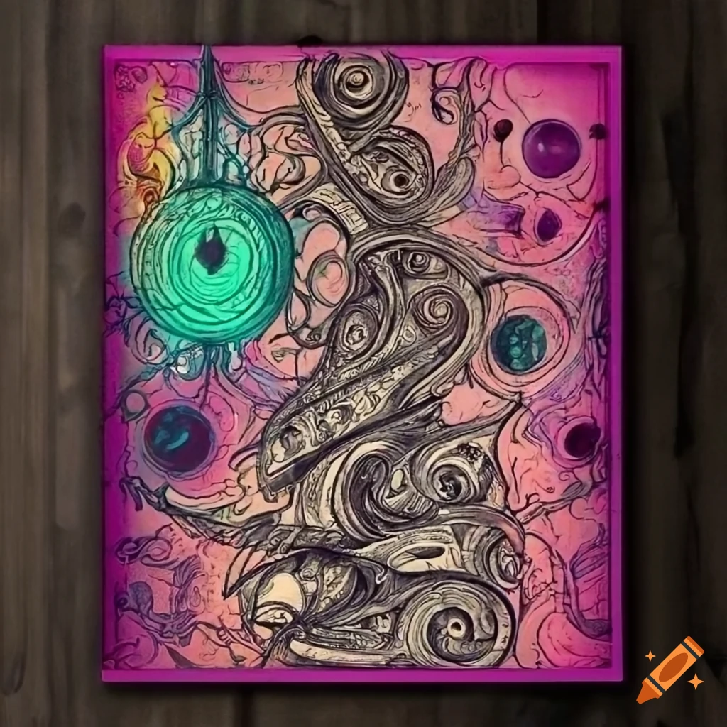 Surreal occult poster with intricate intertwined symbols and designs on ...