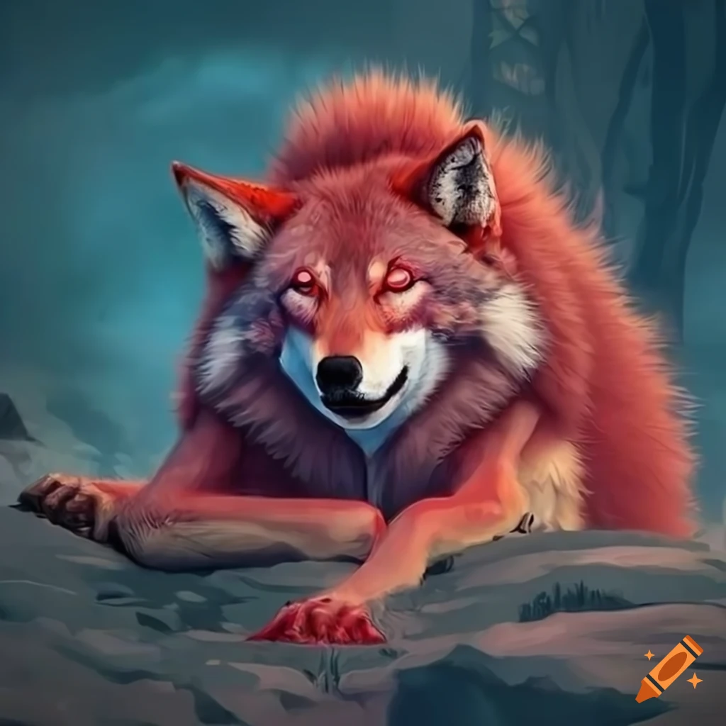 Red injured fantasy wolf lying on its back with closed eyes on Craiyon