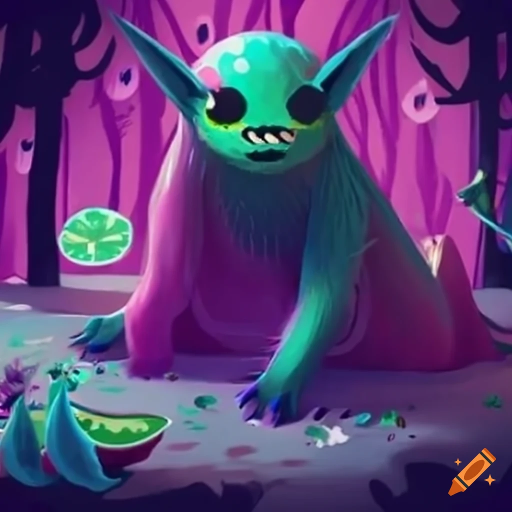 Scene with mythical creatures and mutant omega mart lemon fruit monster ...