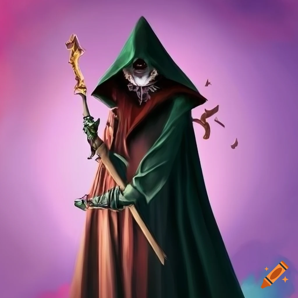 Wizard in mask and robes in a fantasy setting on Craiyon