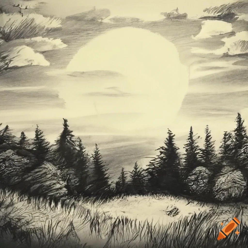 Landscape of hills, forest, and sky with the sun in the background in ...