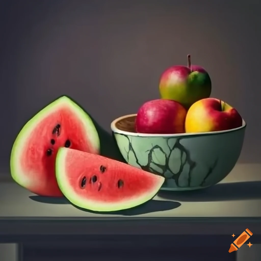 Still life arrangement of watermelon, apples, bowl, and lemon on Craiyon