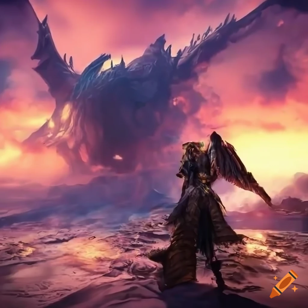 Heroic monster hunter with epic dragon in a cloud of smoke under a ...