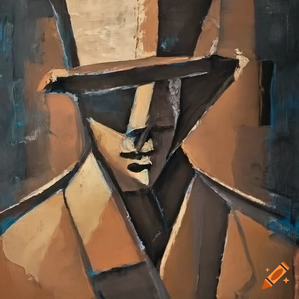 Cubism painting of a man with a top hat in brown, beige, and black ...