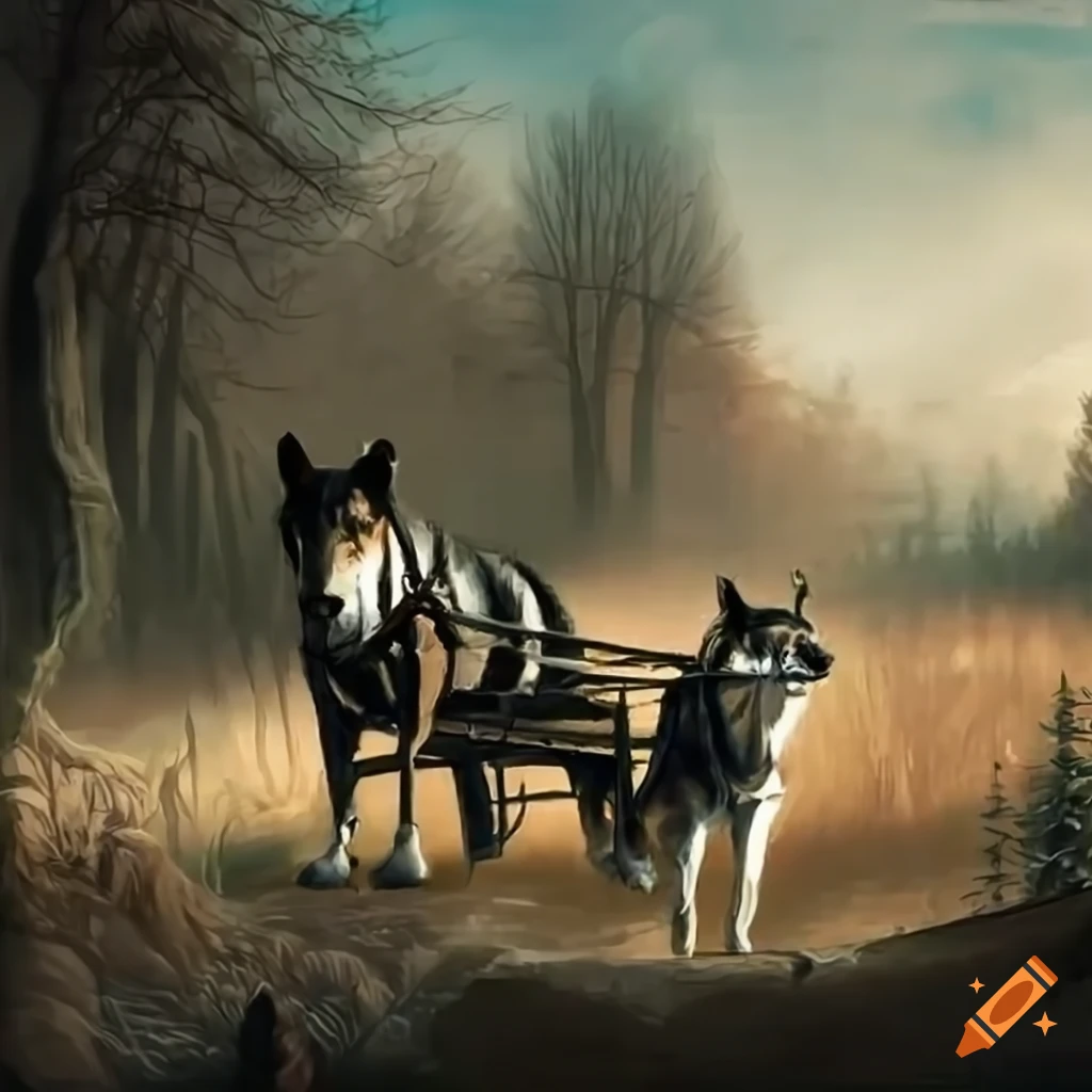 Two wolves driving a horse-drawn carriage with a black and white horse ...