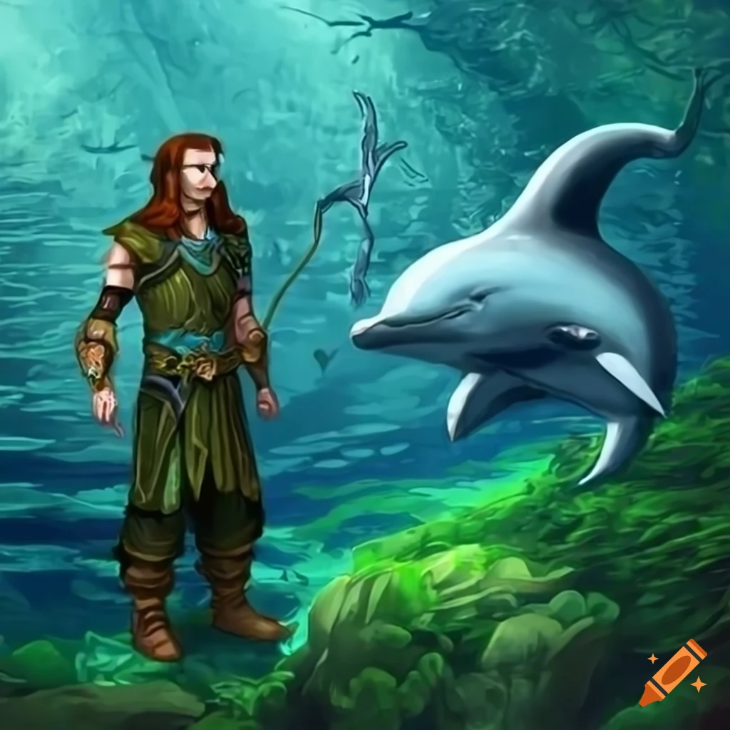 Male elf druid talking to a dolphin in an underground lake on Craiyon